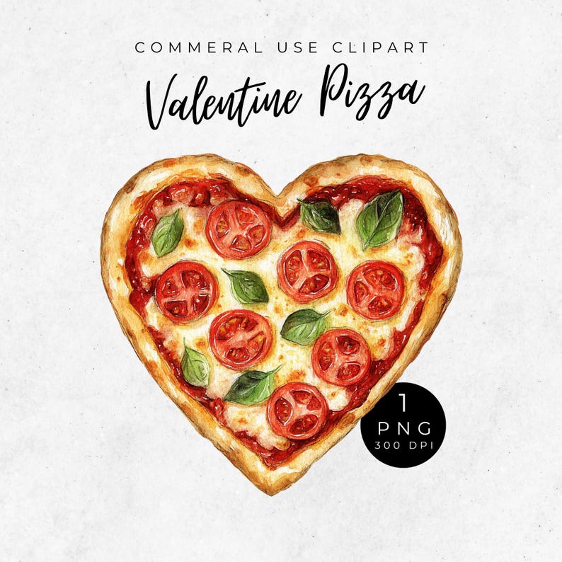 Watercolor Heart Pizza Clipart: Valentine Food Art (PNG Digital ...