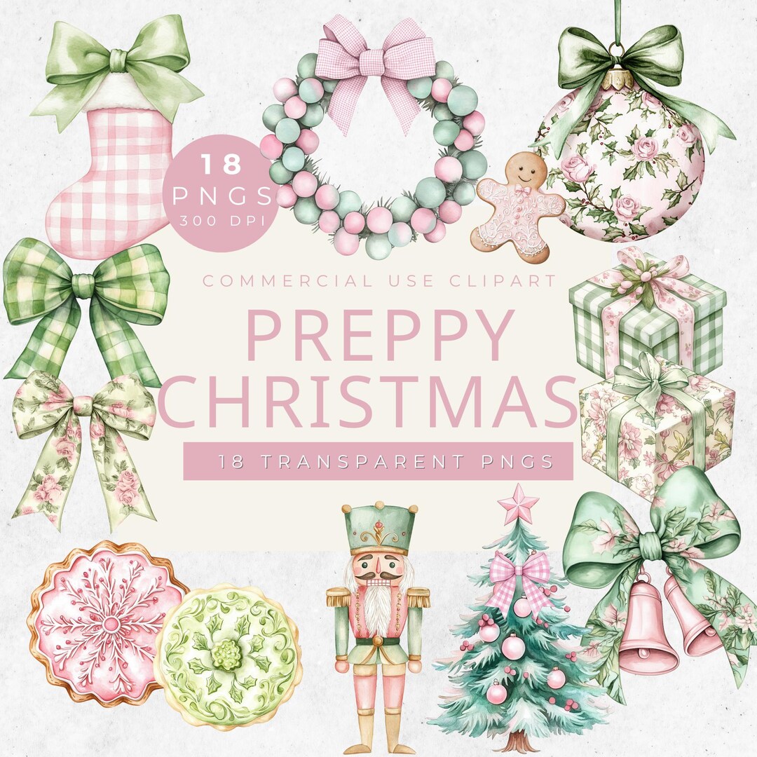 Preppy Christmas Clipart: Pink & Green Grandmillennial PNG (digital ...