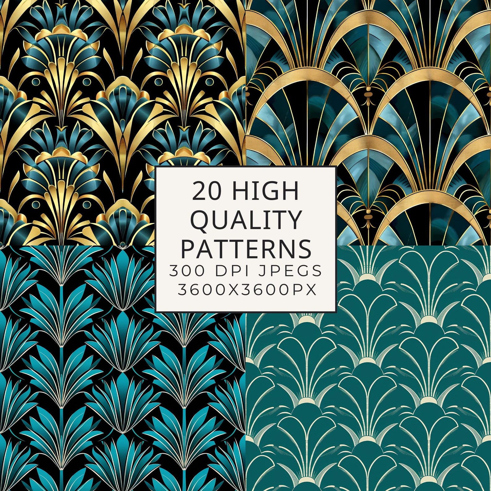 Teal & Gold Art Deco Seamless Patterns: Digital Paper Pack (digital ...