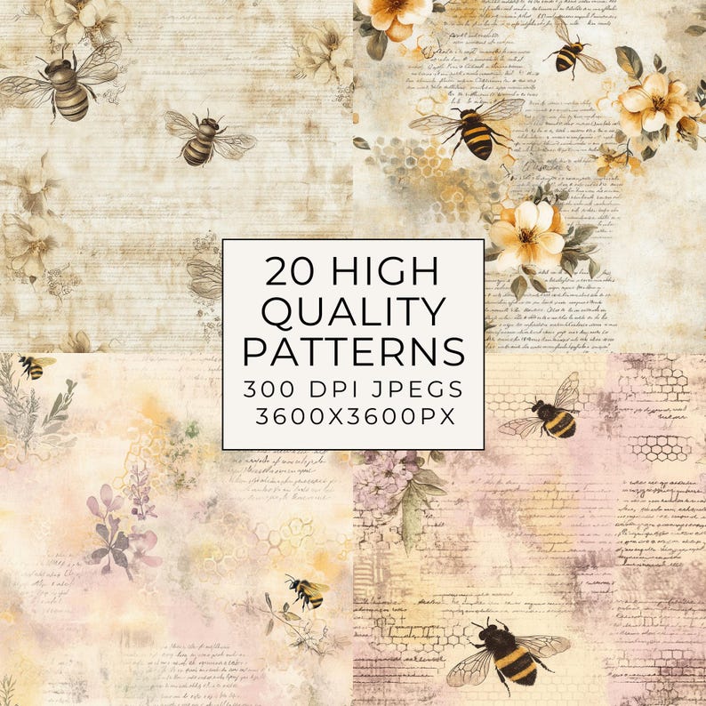 Honeybee Floral Digital Paper: Seamless Bee Scrapbook Patterns (digital ...