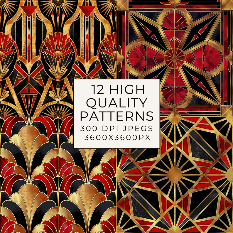 Red & Gold Art Deco Digital Paper: Seamless Patterns (digital Download ...