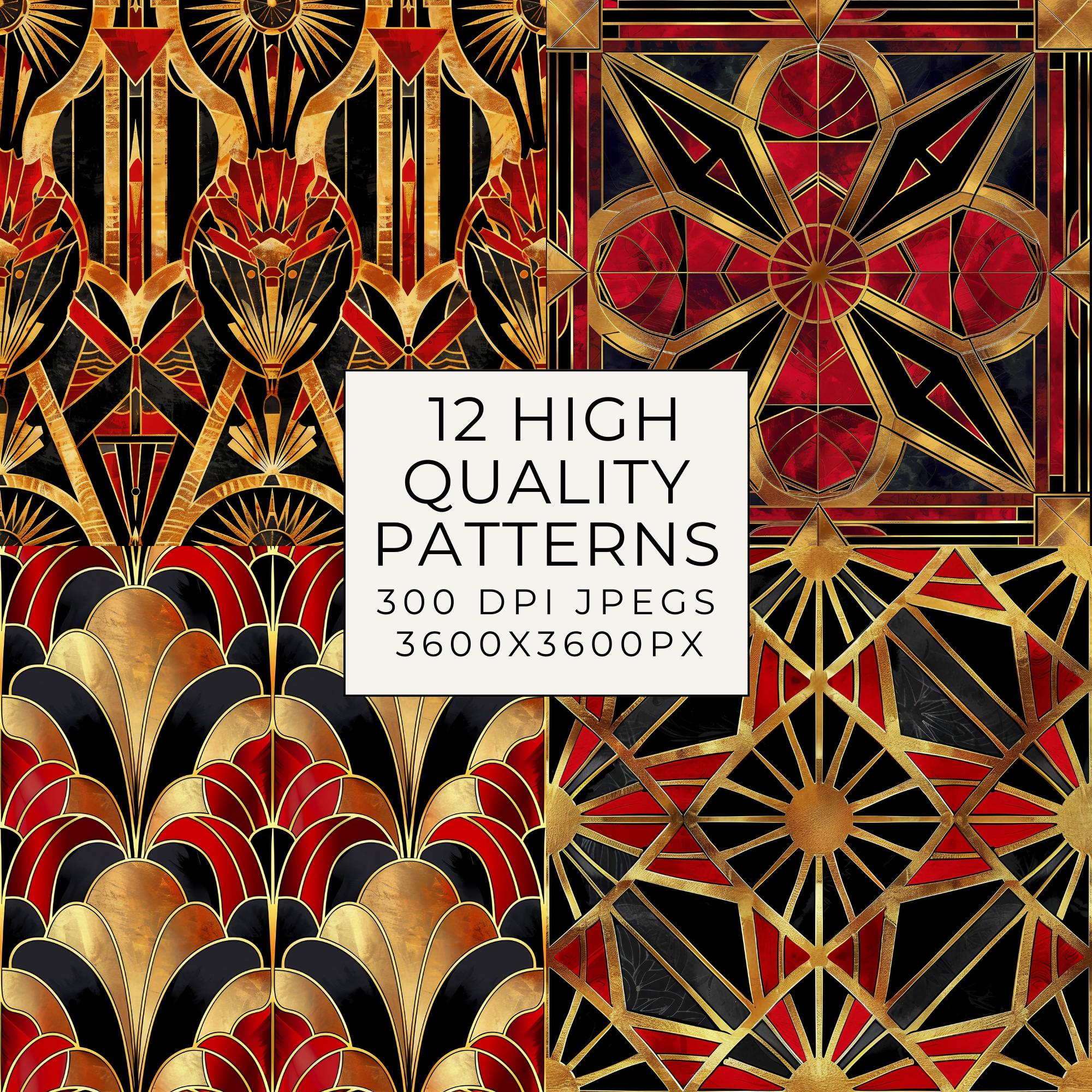Red & Gold Art Deco Digital Paper: Seamless Patterns (digital Download ...