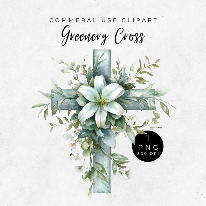 Greenery Floral Cross Clipart, Watercolor Baptism Design, Digital ...