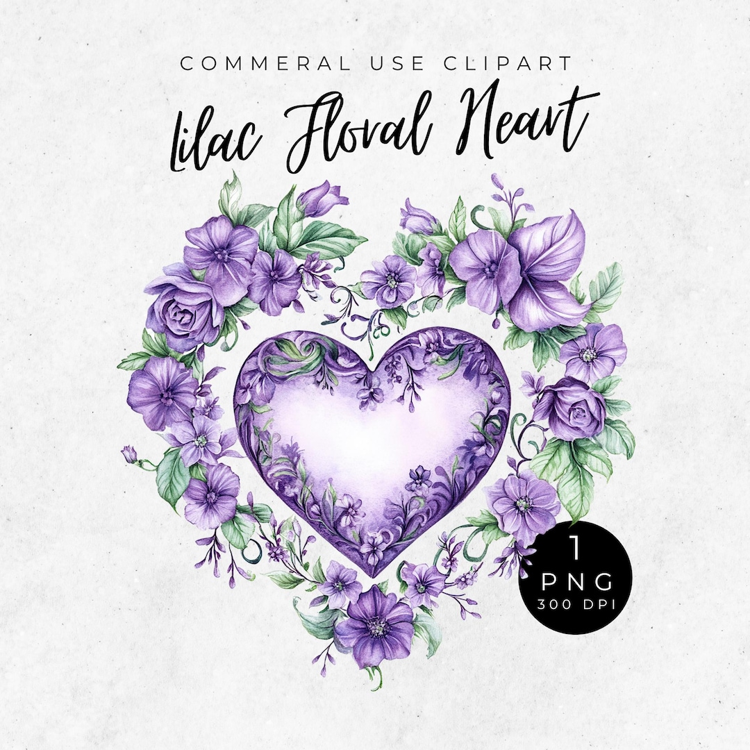 Lilac Floral Heart Clipart, Lilac Heart Designs, Watercolor Baby Shower ...