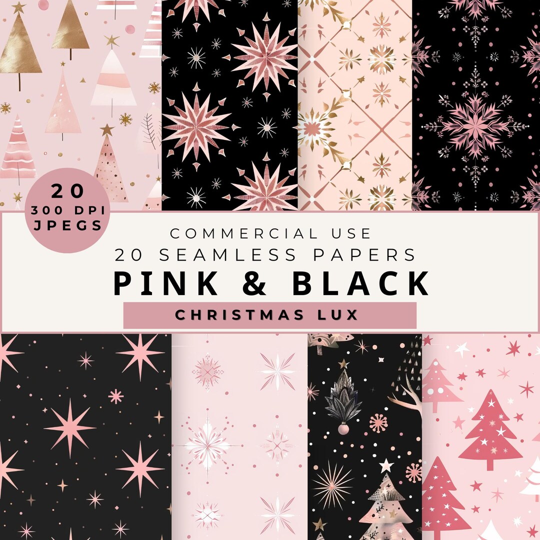 Pastel Pink & Black Christmas Digital Seamless Papers, Winter Digital ...