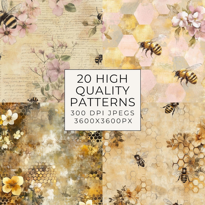 Honeybee Floral Digital Paper: Seamless Bee Scrapbook Patterns (digital ...