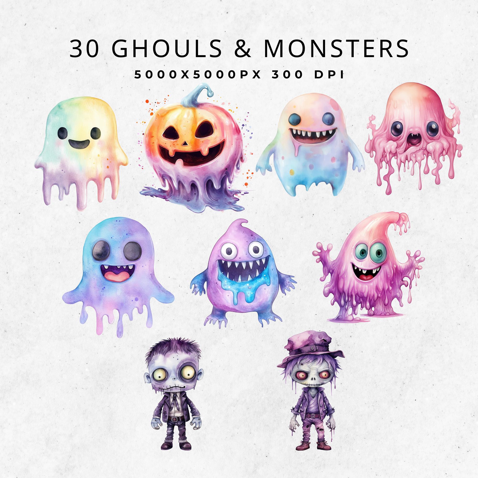 Cute Halloween Monster Clipart, Little Monsters Clipart, Watercolor ...