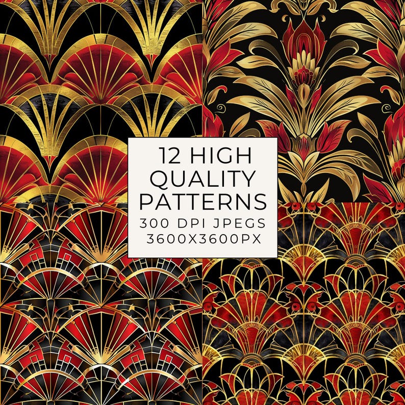 Red & Gold Art Deco Digital Paper: Seamless Patterns (digital Download ...