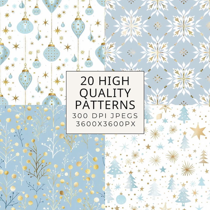 Gold & Baby Blue Christmas Digital Paper: Seamless Holiday Patterns ...