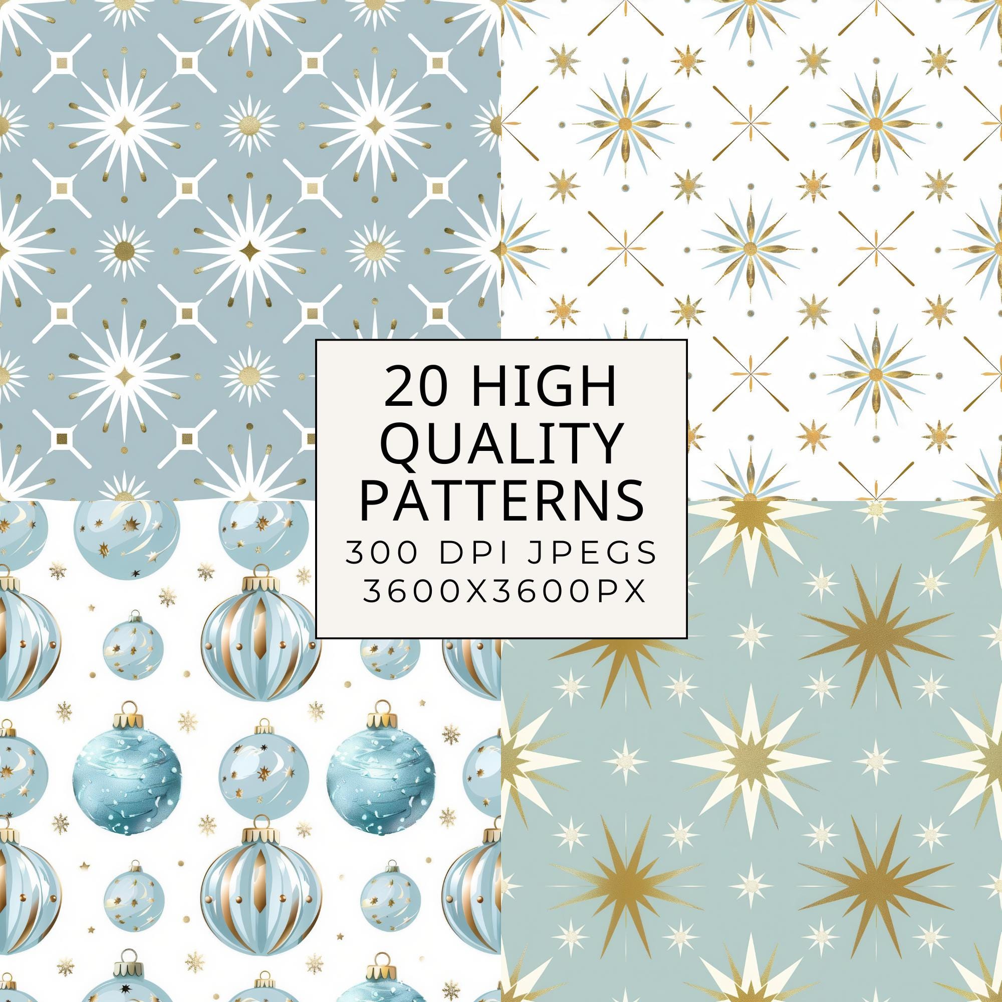Gold & Baby Blue Christmas Digital Paper: Seamless Holiday Patterns ...