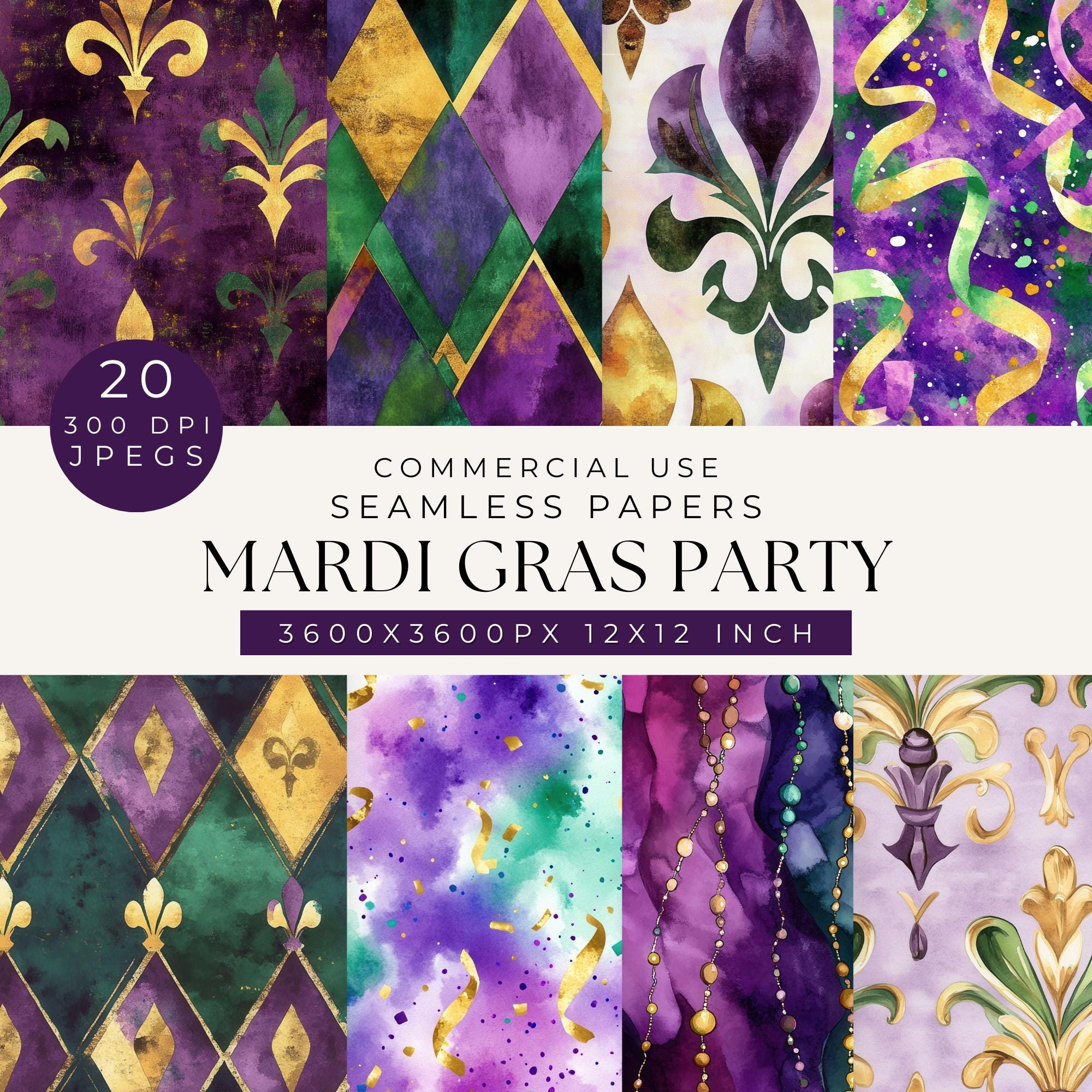Watercolor Mardi Gras Digital Seamless Papers, Colorful Patterns ...