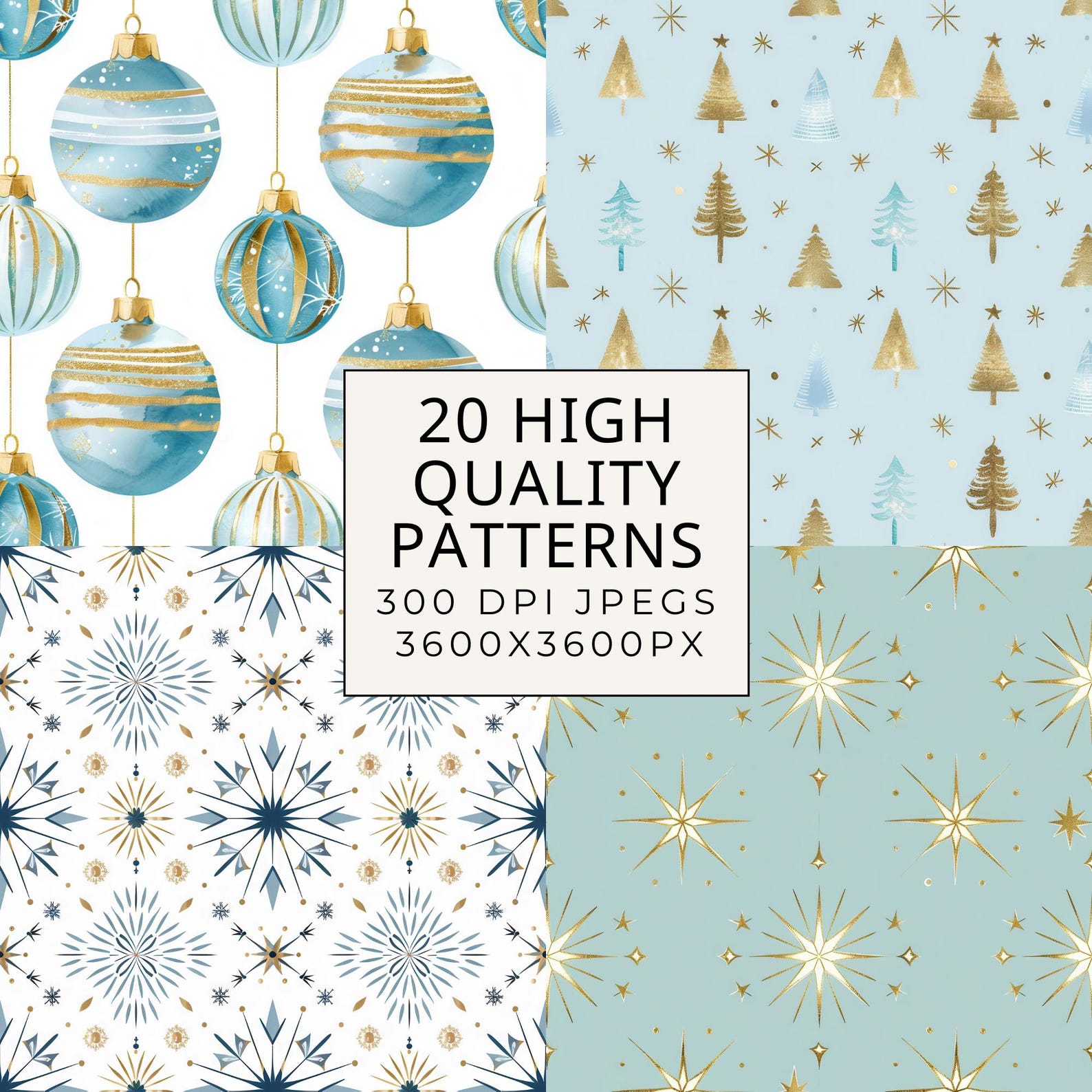 Gold & Baby Blue Christmas Digital Paper: Seamless Holiday Patterns ...