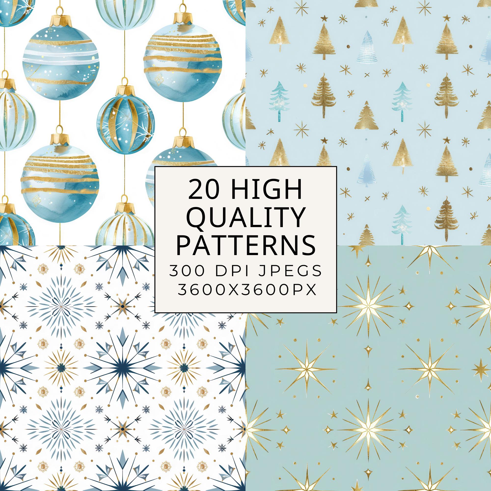 Gold & Baby Blue Christmas Digital Paper: Seamless Holiday Patterns ...