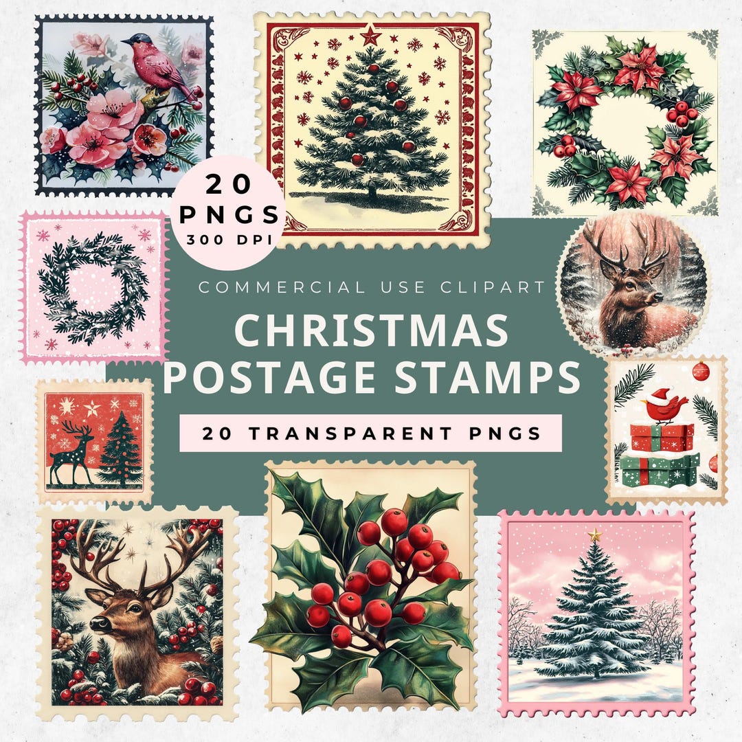 Christmas Postage Stamps Clipart, Christmas Sticker Postage, Vintage ...