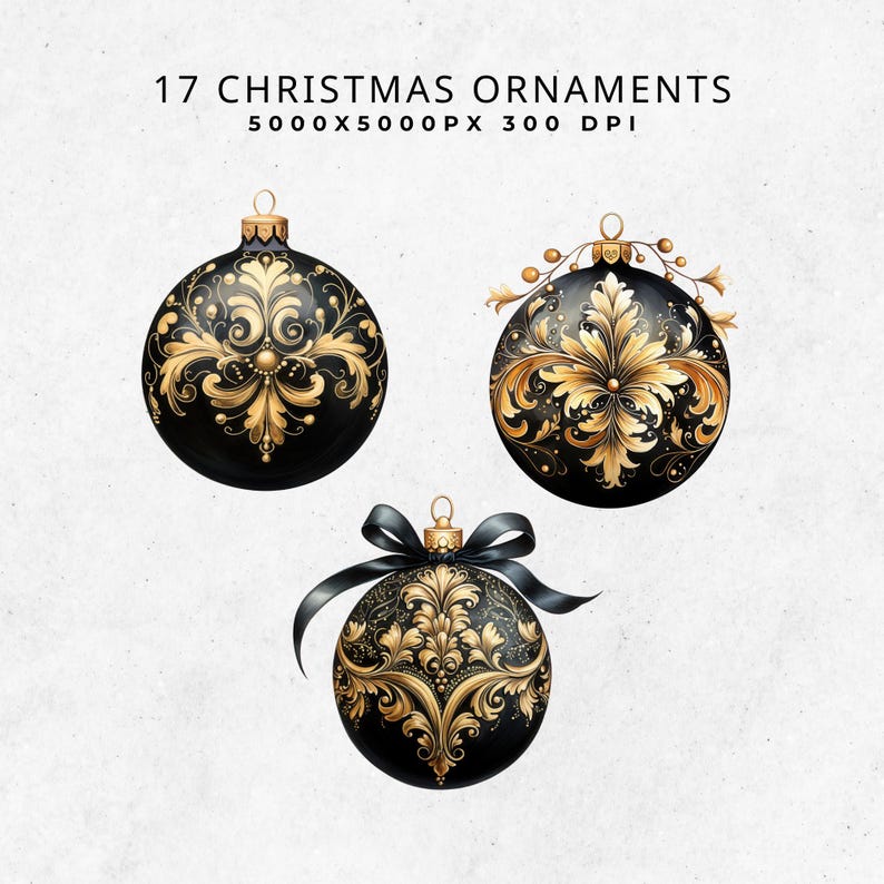 Black & Gold Christmas Ornaments Clipart: Watercolor Baubles (digital ...