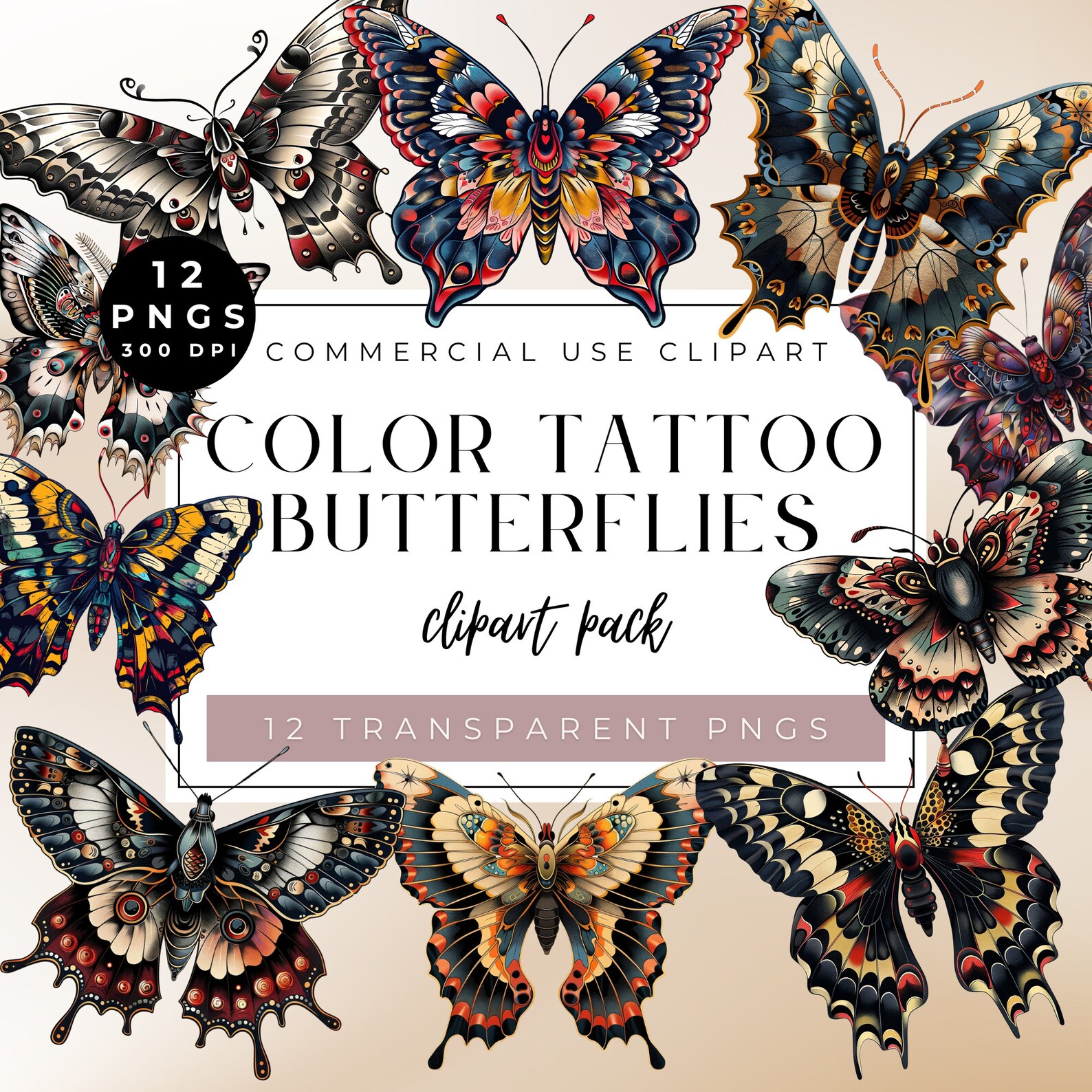 Color Tattoo Style Butterfly Clipart, Fall Butterflies, Vintage ...