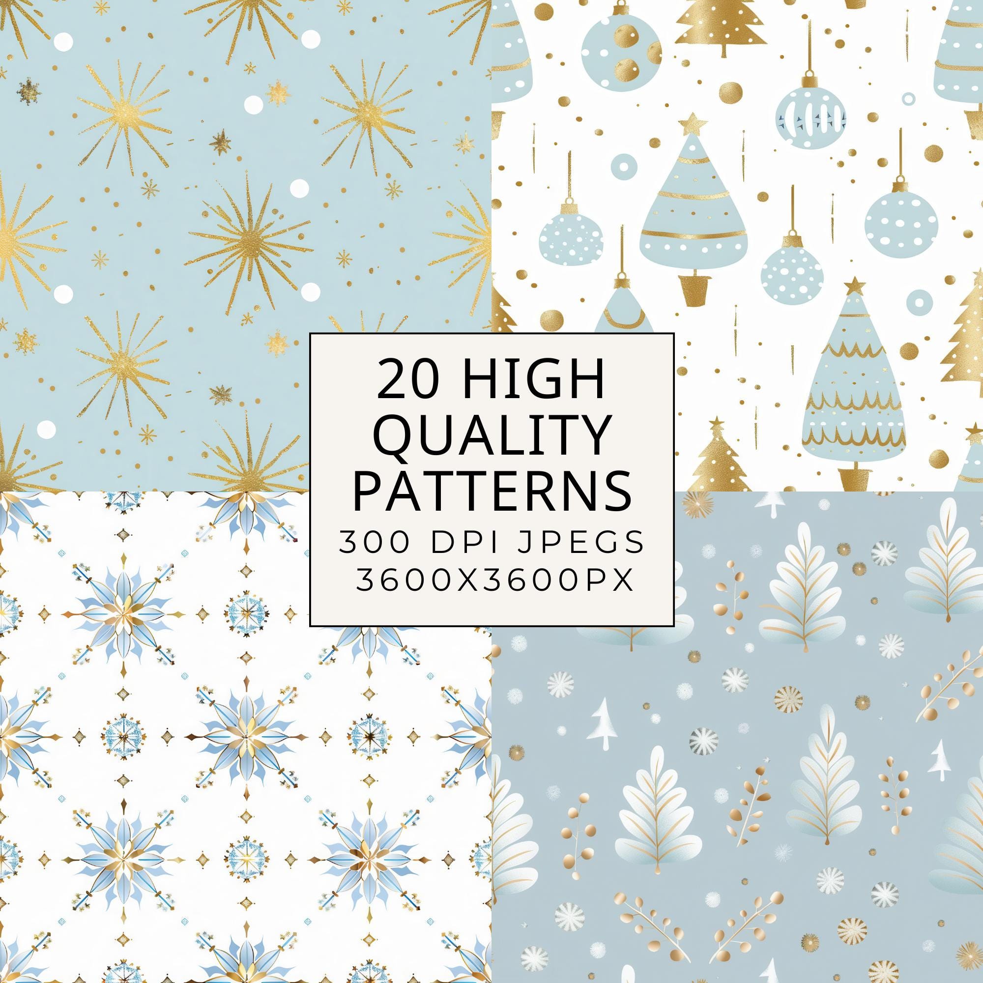Gold & Baby Blue Christmas Digital Paper: Seamless Holiday Patterns ...
