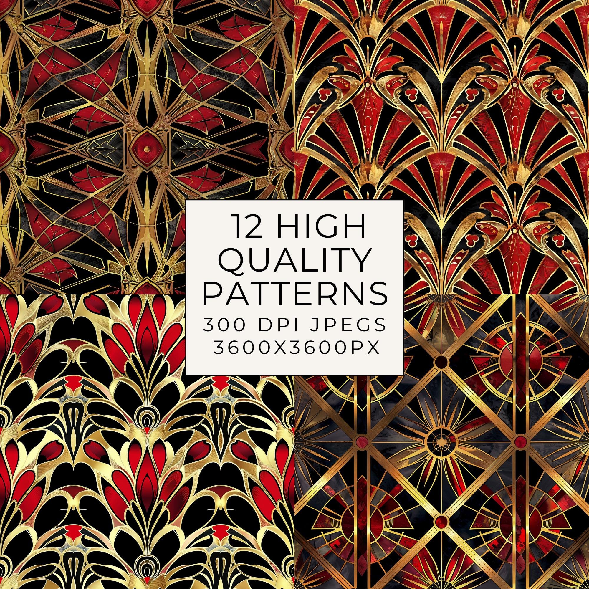Red & Gold Art Deco Digital Paper: Seamless Patterns (digital Download ...