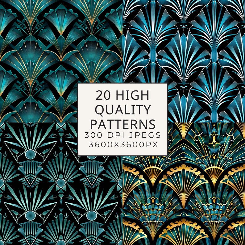 Teal & Gold Art Deco Seamless Patterns: Digital Paper Pack (digital ...