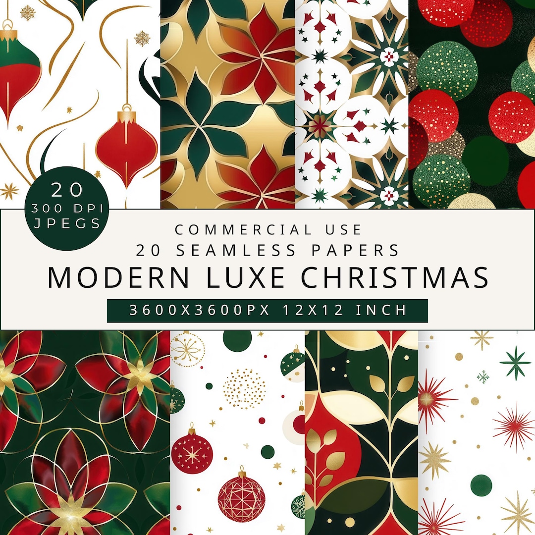 Red Green Gold Christmas Digital Paper: Modern Seamless Patterns ...