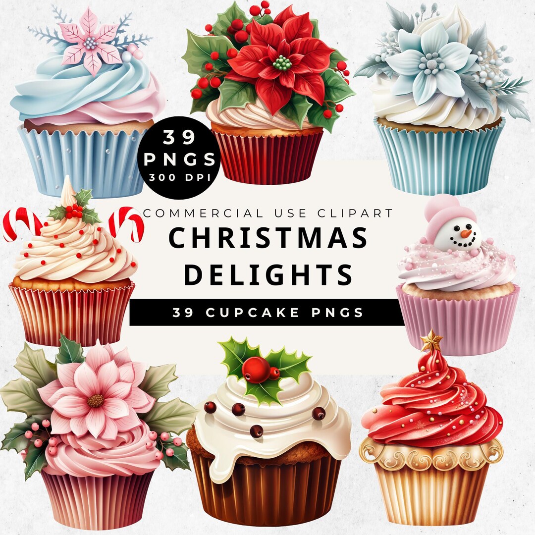 Christmas Cupcakes Watercolor Clipart: Festive Dessert PNG (digital ...