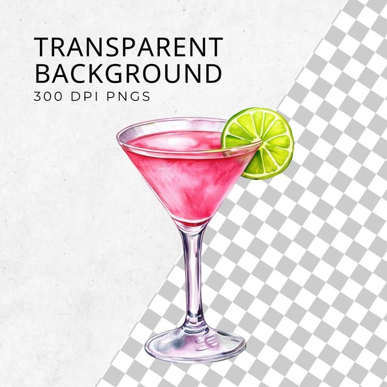 Watercolor Cosmopolitan Cocktail Clipart: Pink Cosmo Drink PNG (digital ...
