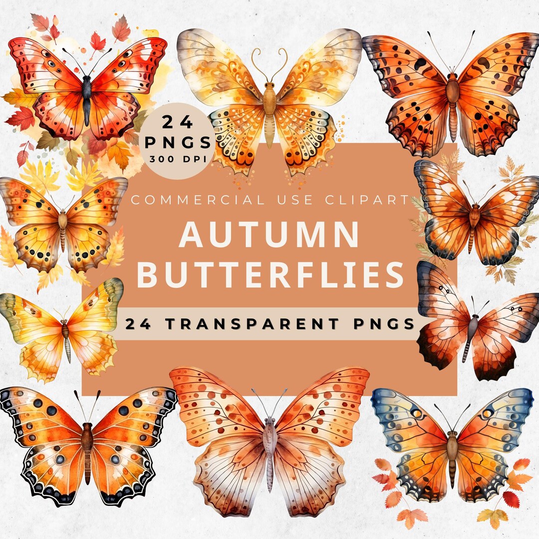 Watercolor Autumn Butterfly Clipart: 24 PNG Graphics (digital Download ...