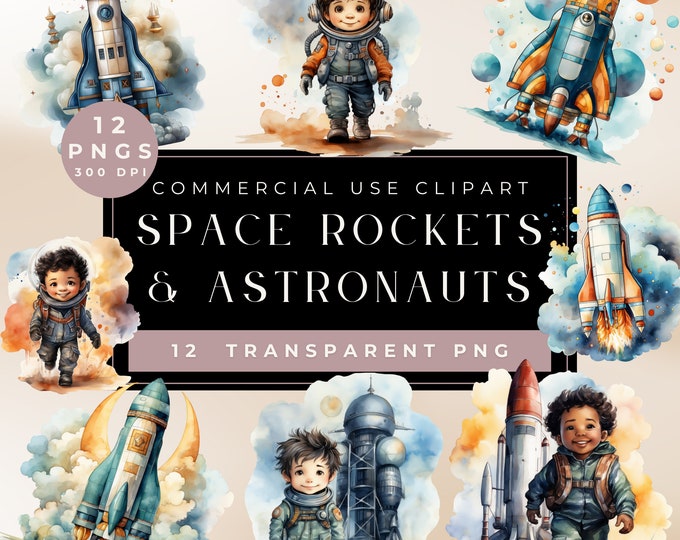 Watercolor Space Clipart Bundle Astronaut Rocket Png | Cute Space ...