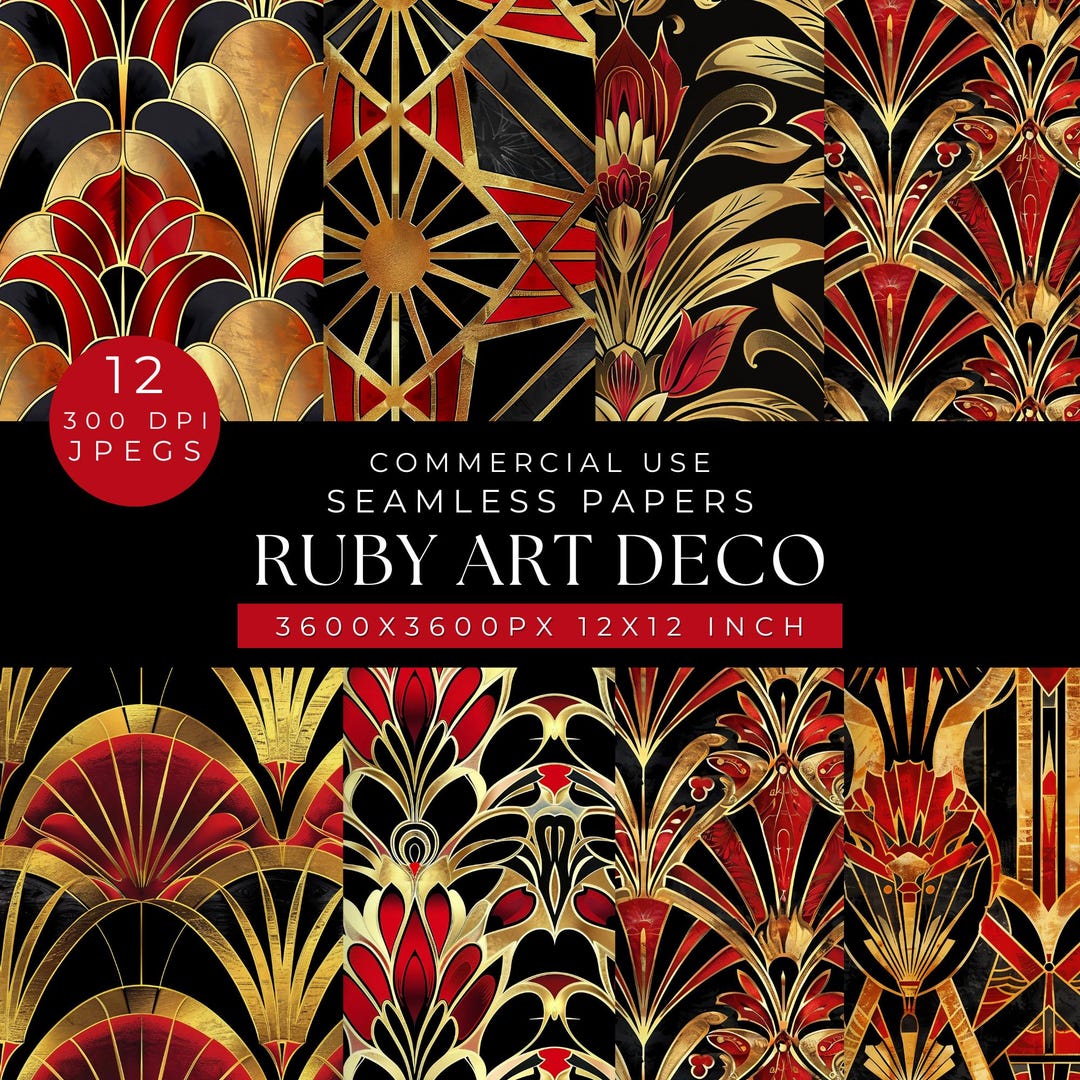 Red & Gold Art Deco Digital Paper: Seamless Patterns (digital Download ...