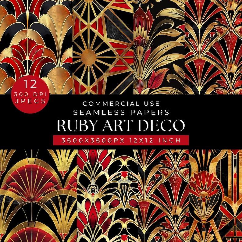 Red & Gold Art Deco Digital Paper: Seamless Patterns (digital Download ...