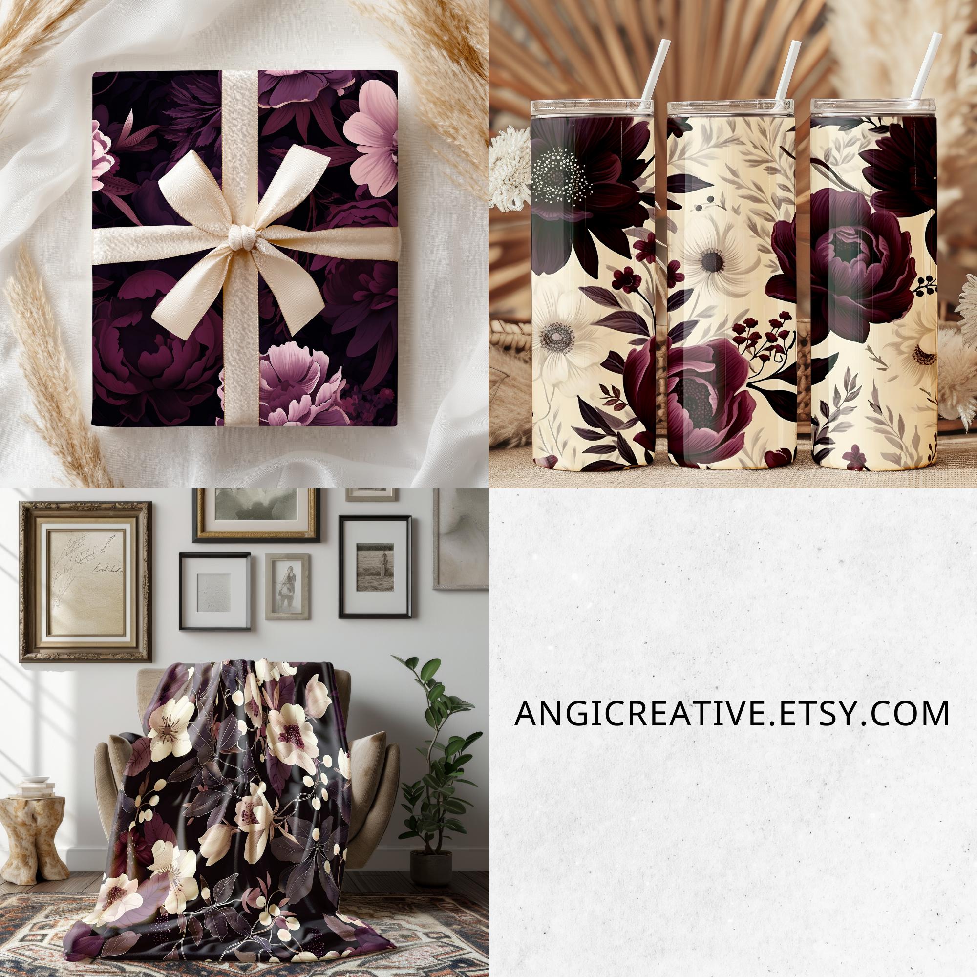 Winter Floral Seamless Patterns: Dark Plum Digital Papers (digital ...