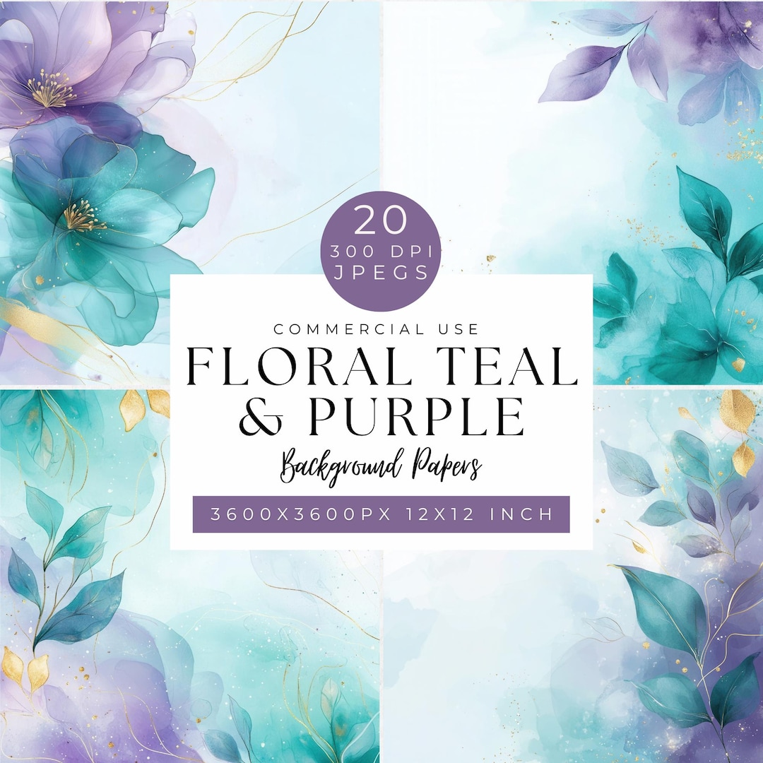 Teal & Purple Floral Digital Paper Set: Watercolor Backgrounds (12x12 ...