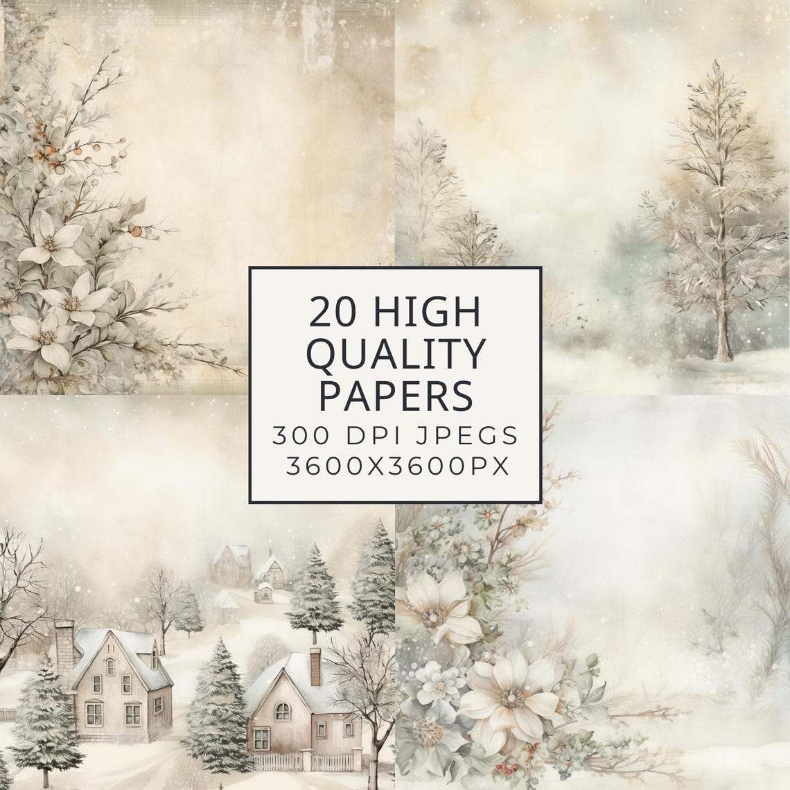 Neutral Christmas Paper: Beige Watercolor Winter Backgrounds (digital ...