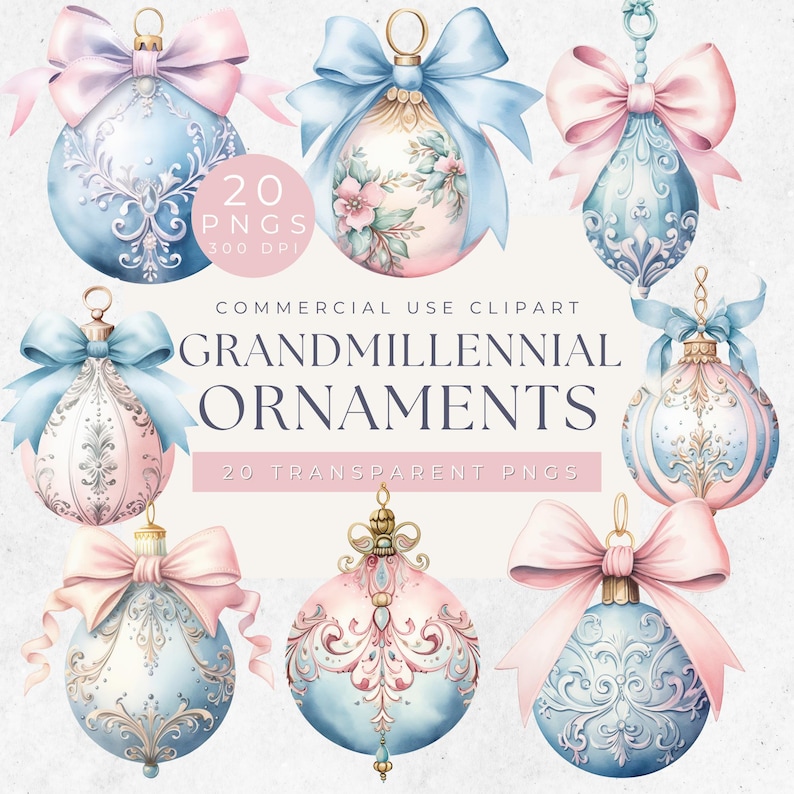 Grandmillennial Christmas Clipart, Grandmillenial Christmas Ornaments ...