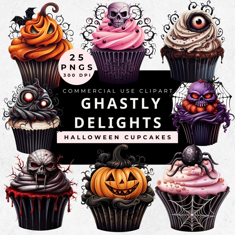 Halloween Cupcakes Clipart: Ghastly Treats, Party Decor (digital ...