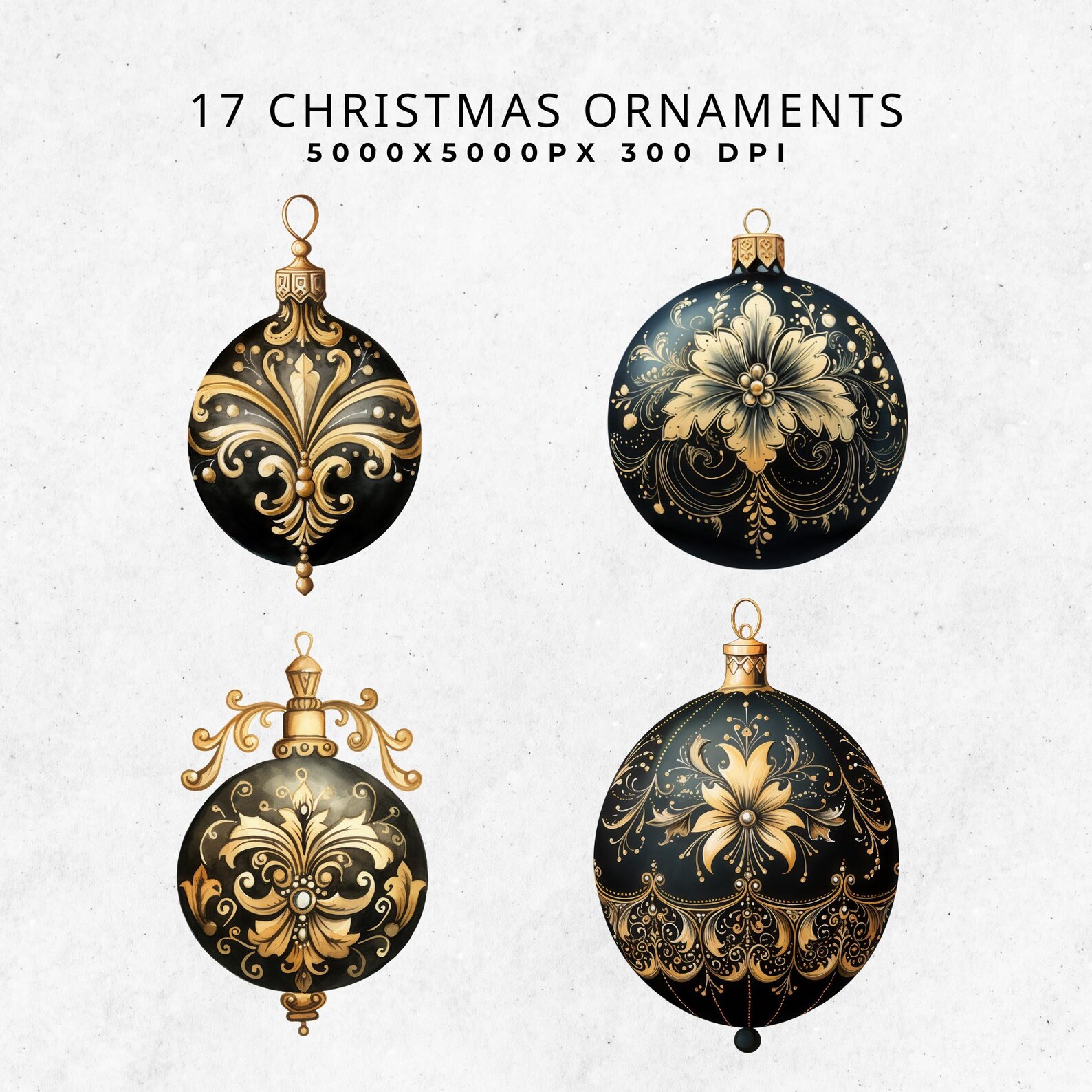 Black & Gold Christmas Ornaments Clipart: Watercolor Baubles (digital ...