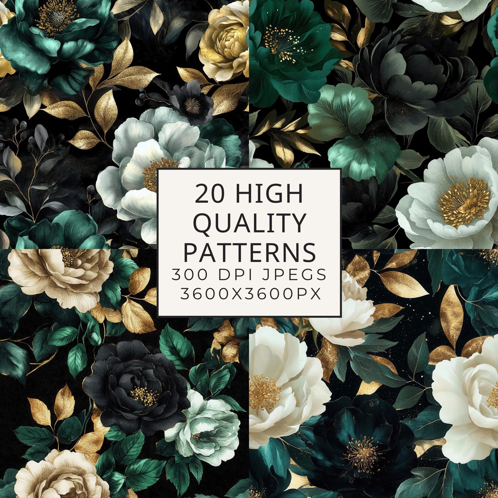 Emerald Green Floral Seamless Papers: Black & Gold, Winter Wedding ...