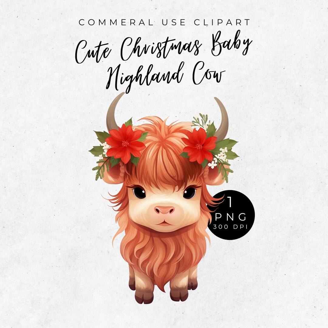 Watercolor Christmas Highland Cow Clipart: Festive Baby Cow PNG ...