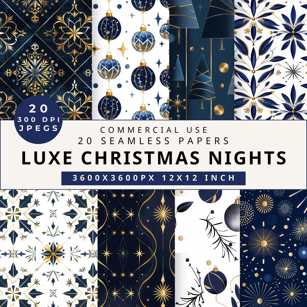 Gold and Blue Christmas Digital Paper Seamless, Gold Glitter, Snowflake ...