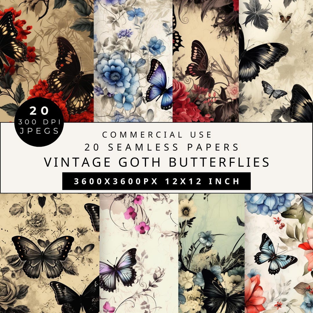 Butterflies and Wildflowers Digital Paper, Vintage Butterflies Digital ...