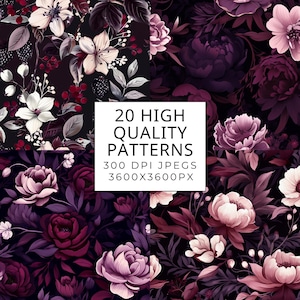 Winter Floral Seamless Patterns: Dark Plum Digital Papers (digital ...