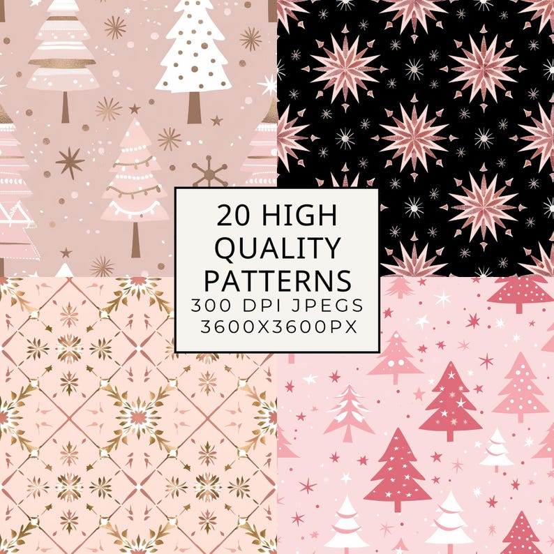 Pink & Black Christmas Digital Paper: Seamless Winter Patterns (digital ...
