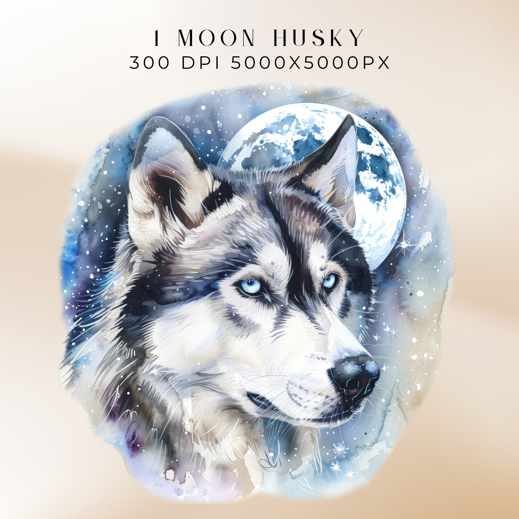 Watercolor Husky Clipart: Full Moon Siberian Husky PNG (digital ...