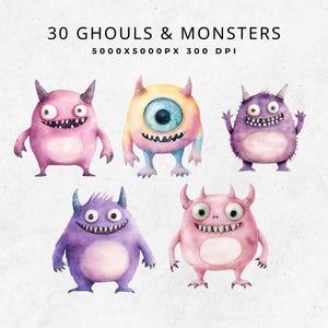 Cute Halloween Monster Clipart, Little Monsters Clipart, Watercolor ...