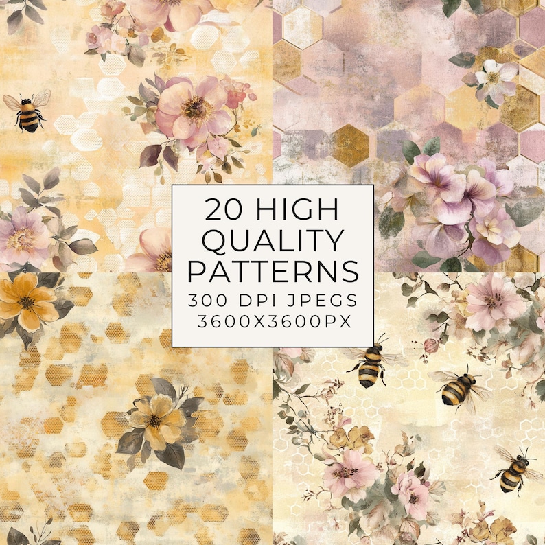 Honeybee Floral Digital Paper: Seamless Bee Scrapbook Patterns (digital ...