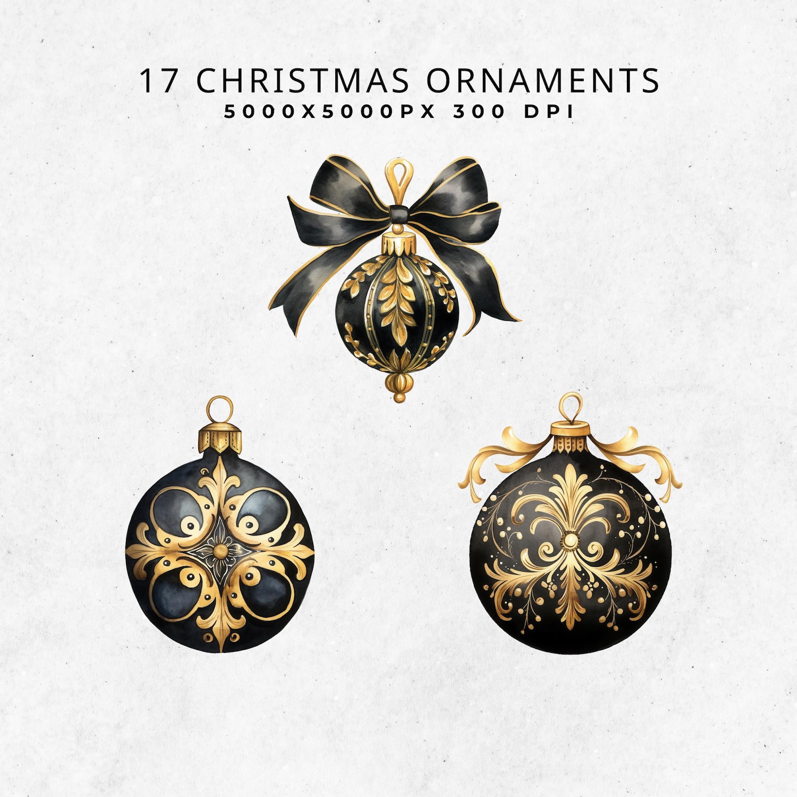 Black & Gold Christmas Ornaments Clipart: Watercolor Baubles (digital ...