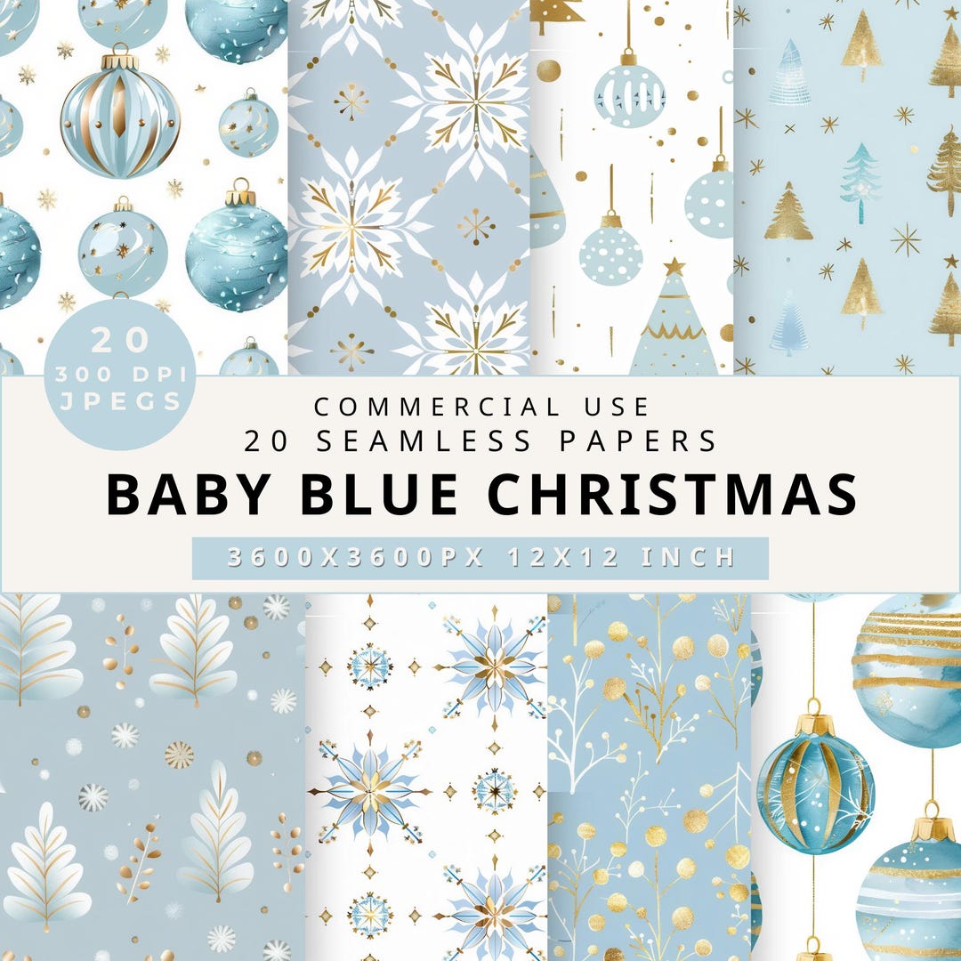 Gold & Baby Blue Christmas Digital Paper: Seamless Holiday Patterns ...