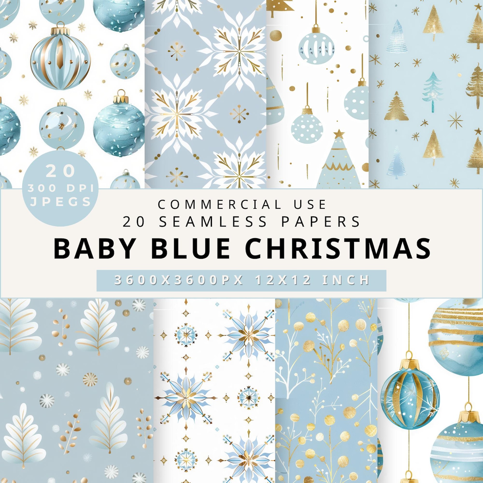 Gold & Baby Blue Christmas Digital Paper: Seamless Holiday Patterns ...
