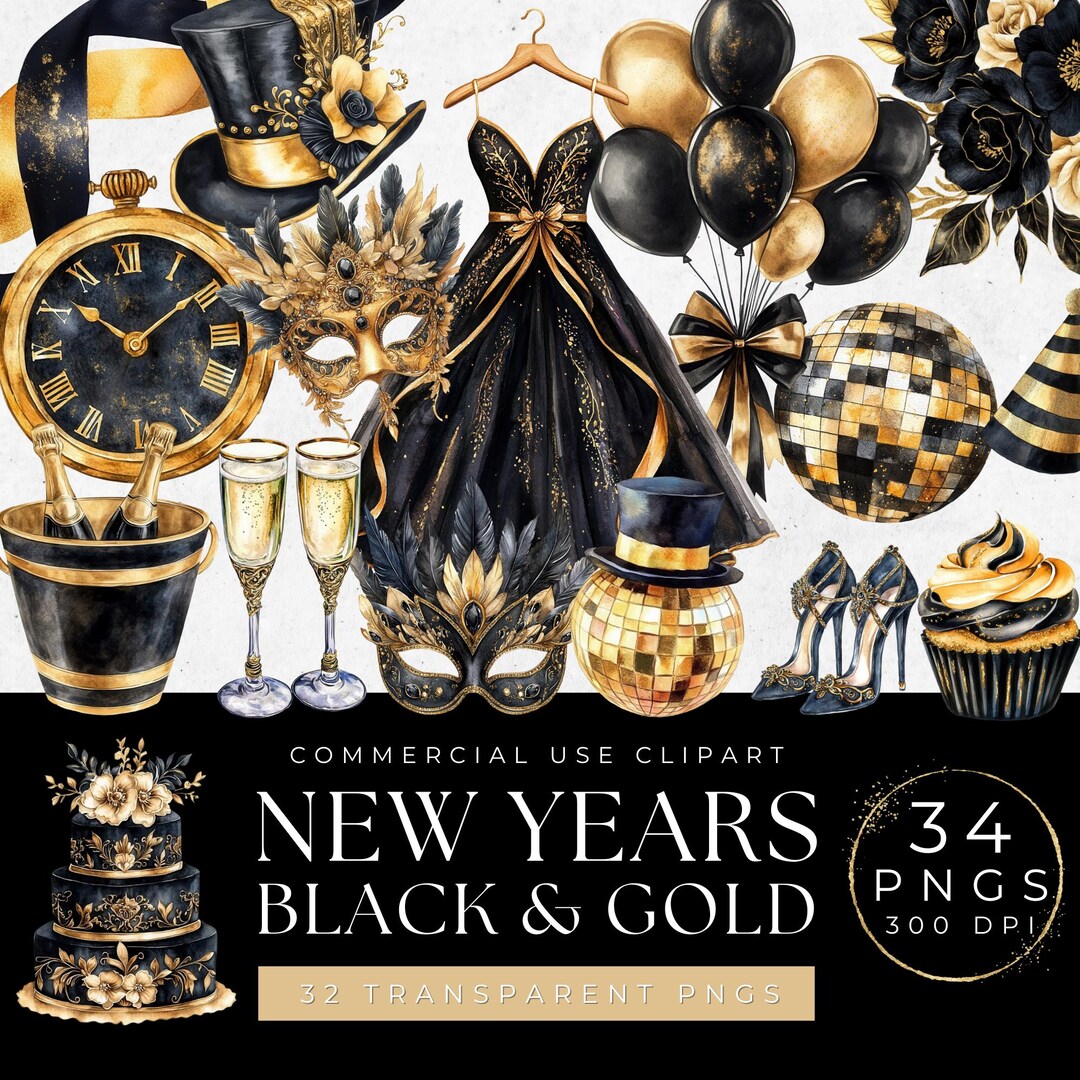 Black and Gold New Year Clipart: Watercolor Champagne PNG (digital ...