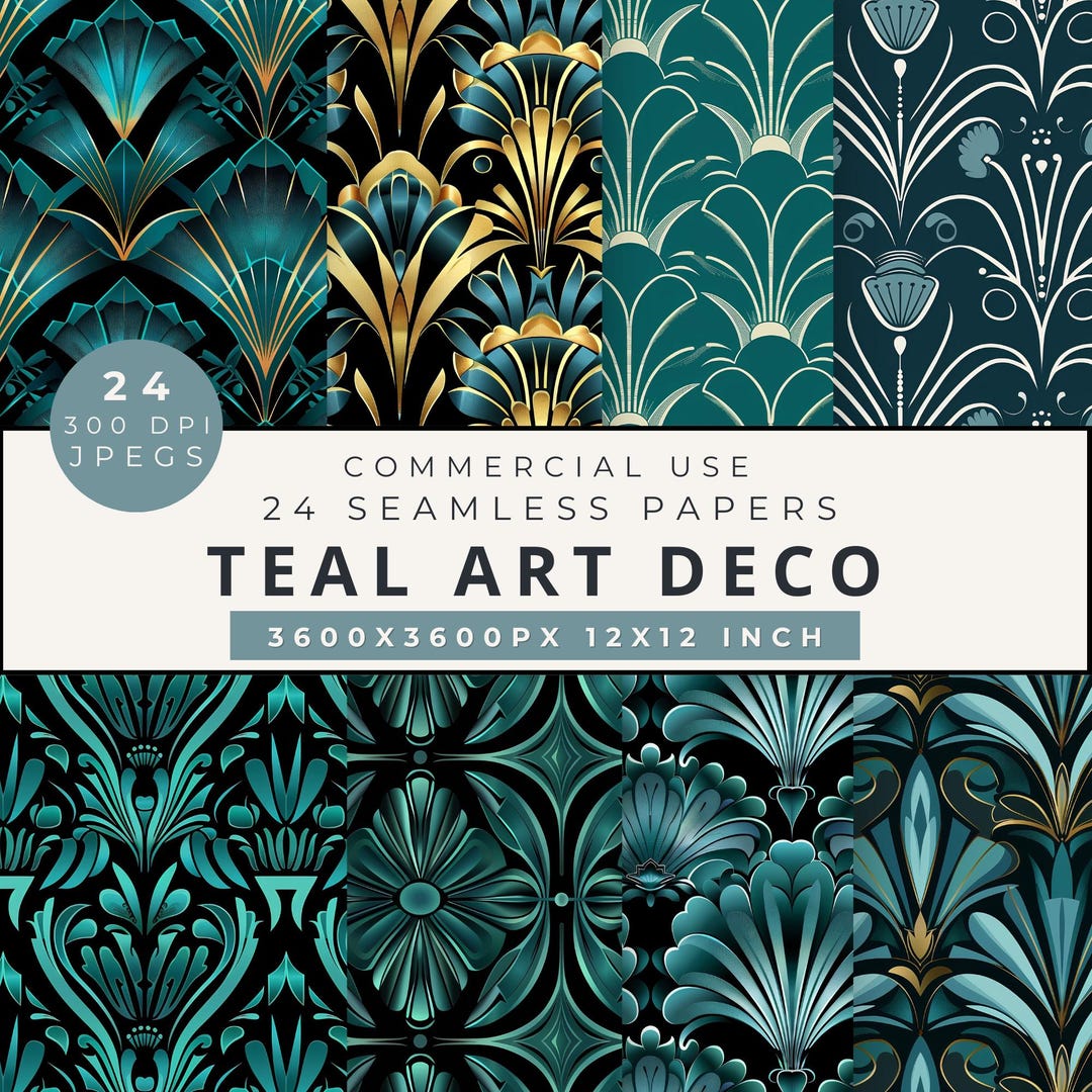 Teal & Gold Art Deco Seamless Patterns: Digital Paper Pack (digital ...